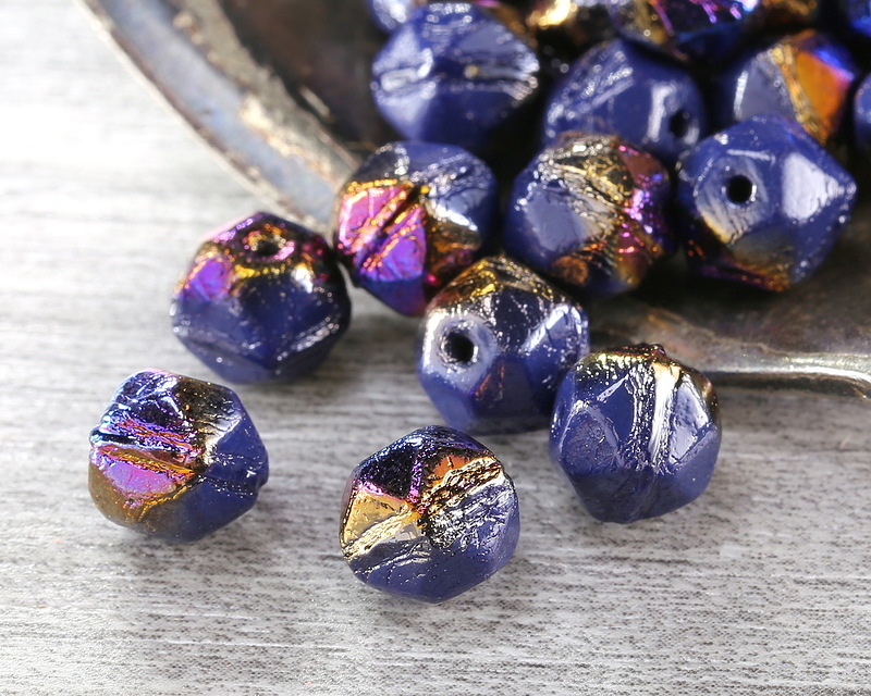 Czech Glass Indigo Metallic Rainbow English Cut Bead 7x8mm