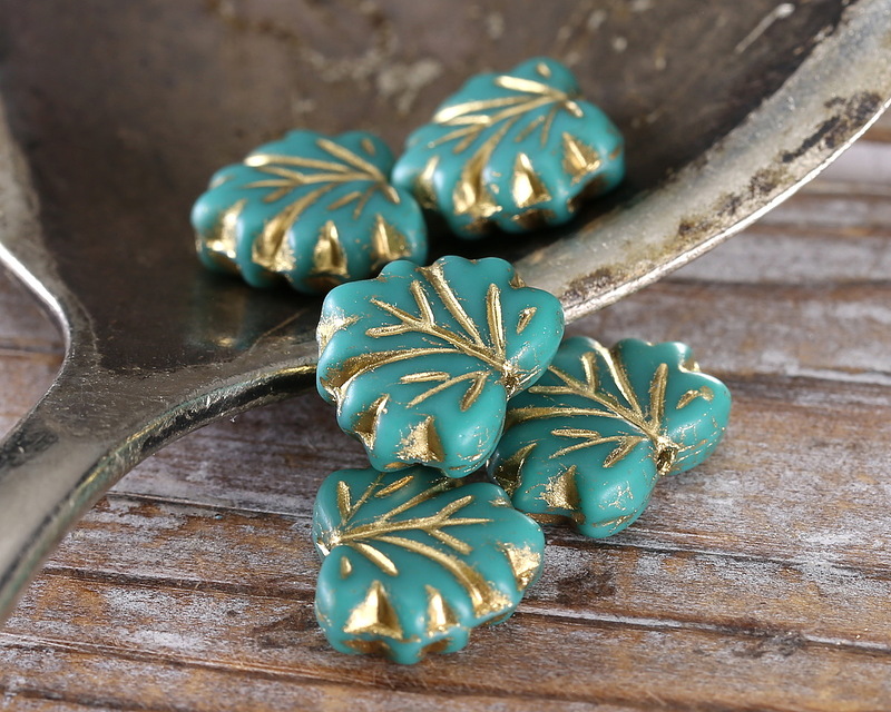 Czech Glass Matte Turquoise w/ Gold Wash Maple Leaf 11x13mm