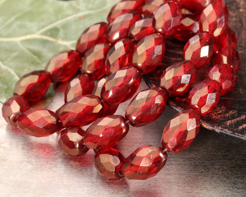 Czech Glass Ruby w/ Gold Luster Fire Polished Rice 12x8mm