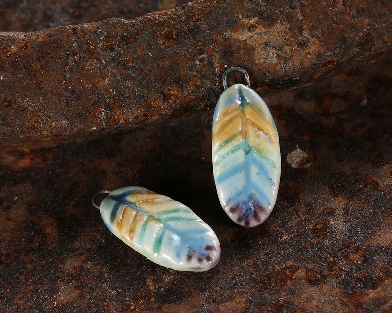 Gaea Ceramic Hand Painted Blue Stripes Small Feather Focal 10x21mm