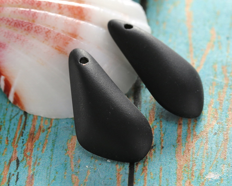 Jet Beach-Style Glass Fancy Drop Pendant Pair 12x24mm