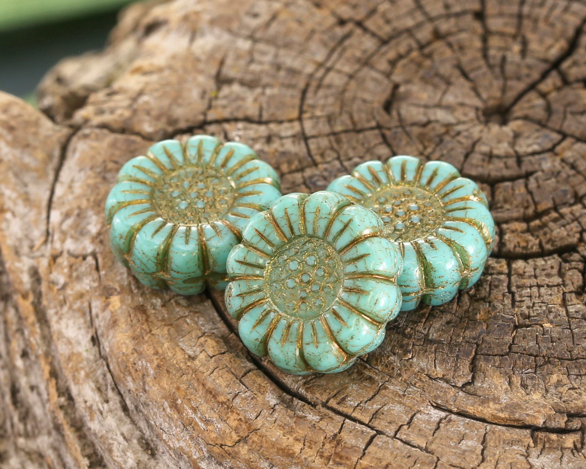 Czech Glass Bronzed Turquoise Sunflower 13mm