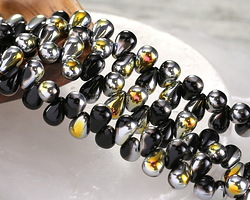 Czech Glass Jet w/ Silver & Gold Raspberry Teardrop 4x6mm