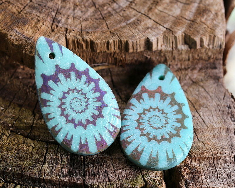 Czech Glass Laser Etched Ammonite on Textured Turquoise w/ Metallic ...
