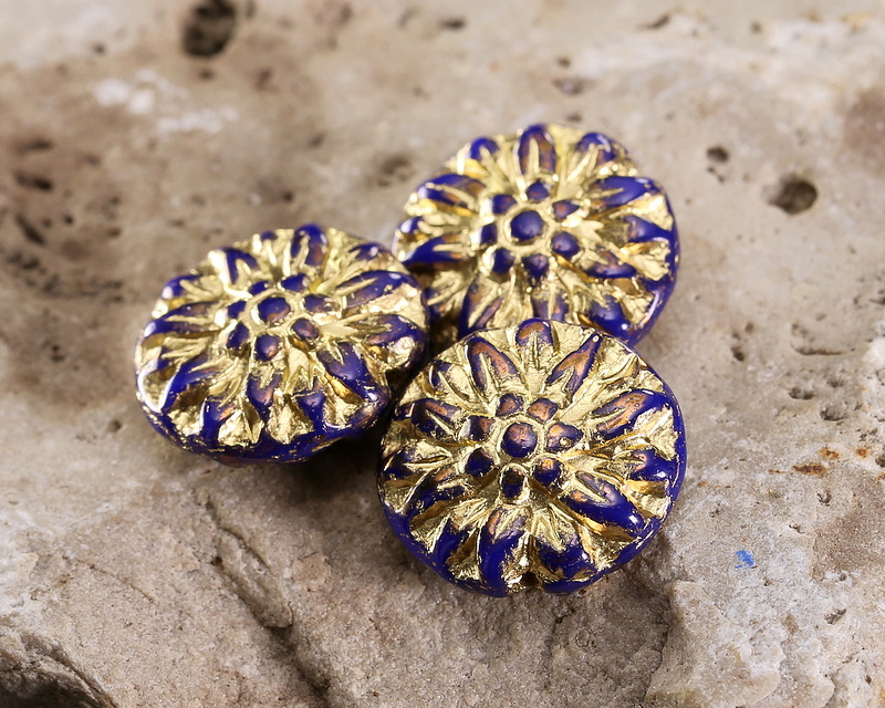 Czech Glass Bronzed Indigo w/ Gold Dahlia Coin 14mm