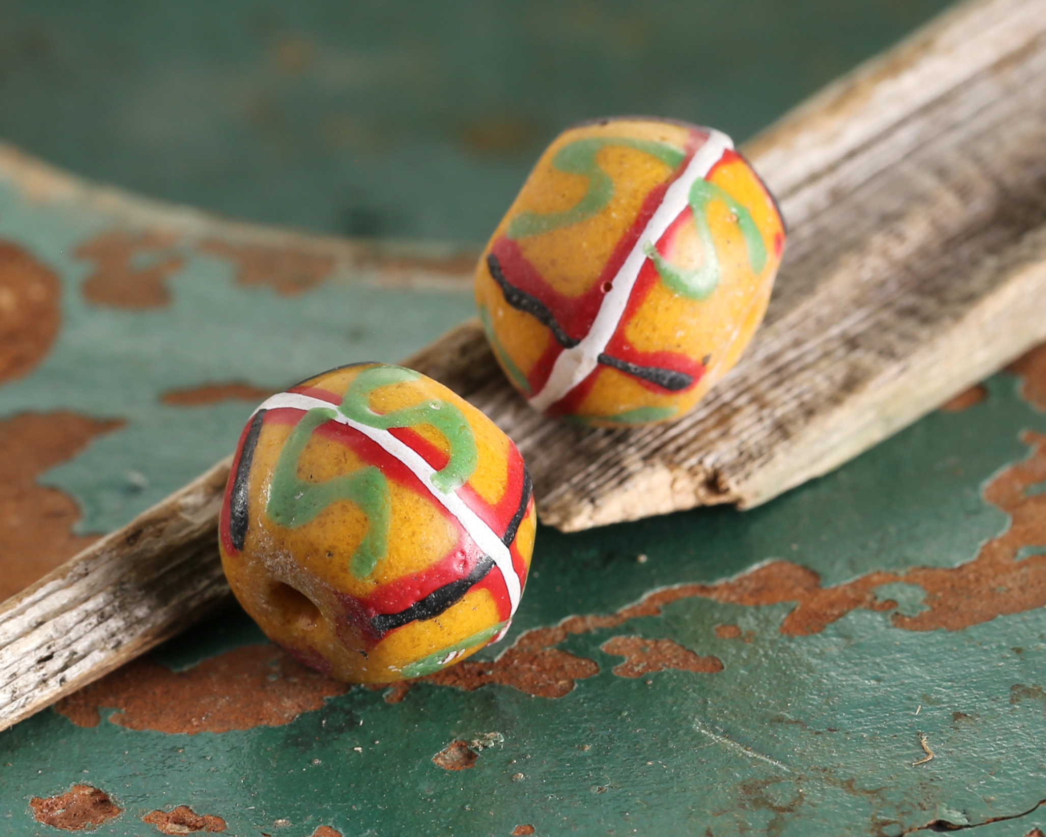 African Powder Glass Saffron w/ Red, Green, & White "King Style" Bead ...