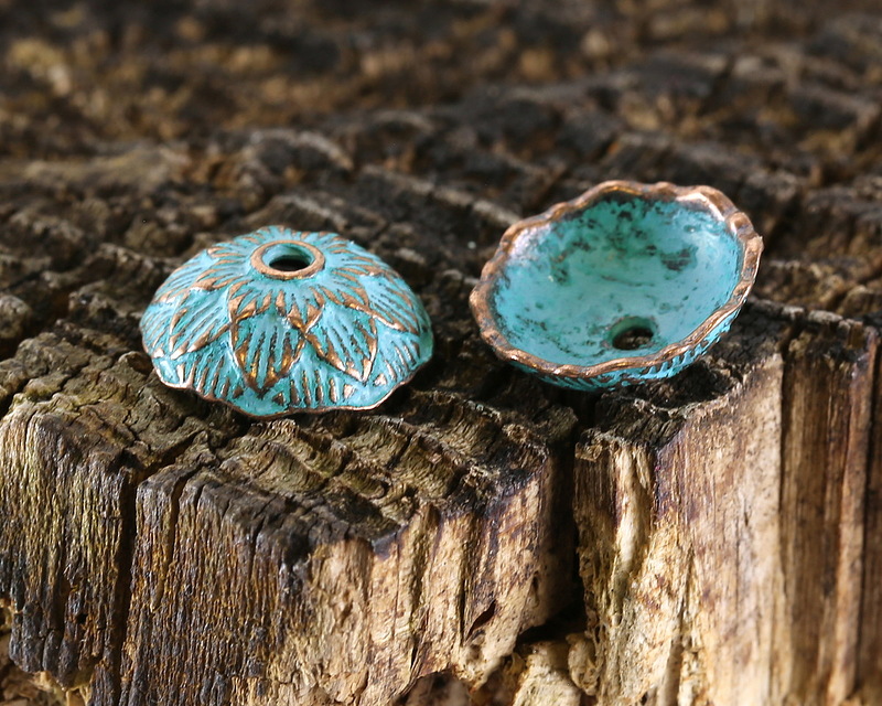 Patina Blue Copper (plated) Lotus Bead Cap 4x12mm
