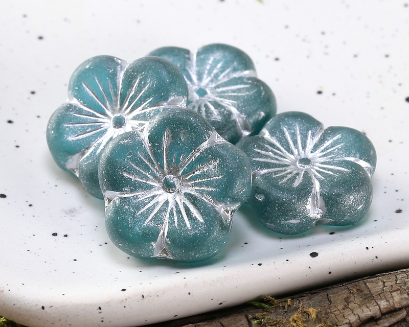 Czech Glass Matte Teal Blue w/ Silver Wash Hibiscus Coin 22mm