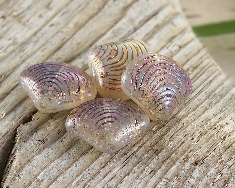 Czech Glass White Opal w/ Metallic Rainbow Finish Clam Shell Bead 15x18mm