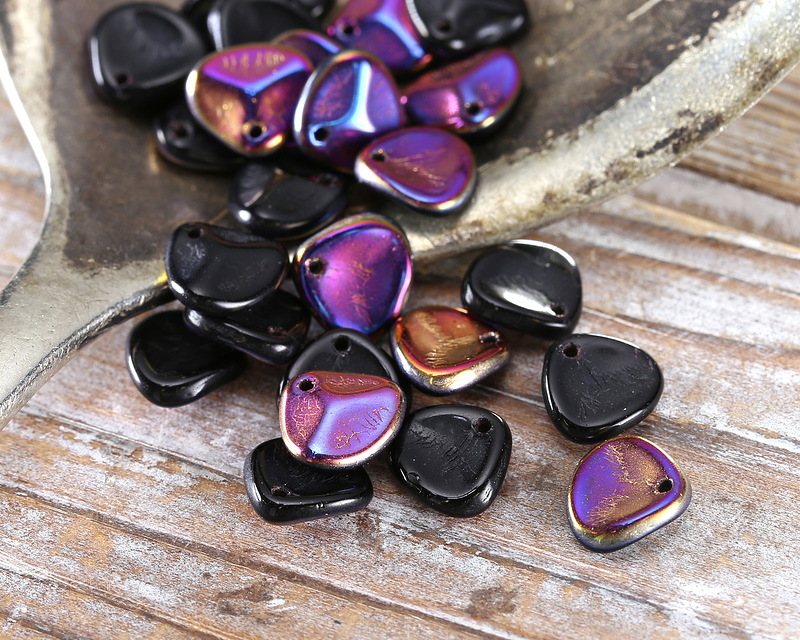 Czech Glass Jet w/ Metallic Rainbow Bronze Rose Petal 8x7mm