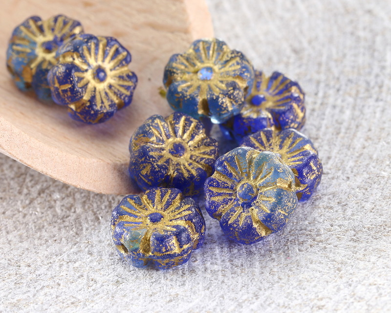 Czech Glass Etched Sky Blue & Sapphire w/ Gold Hibiscus Coin 10mm