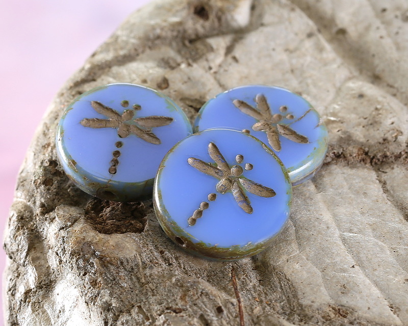 Czech Glass Cornflower Picasso w/ Gold Dragonfly Coin 17mm