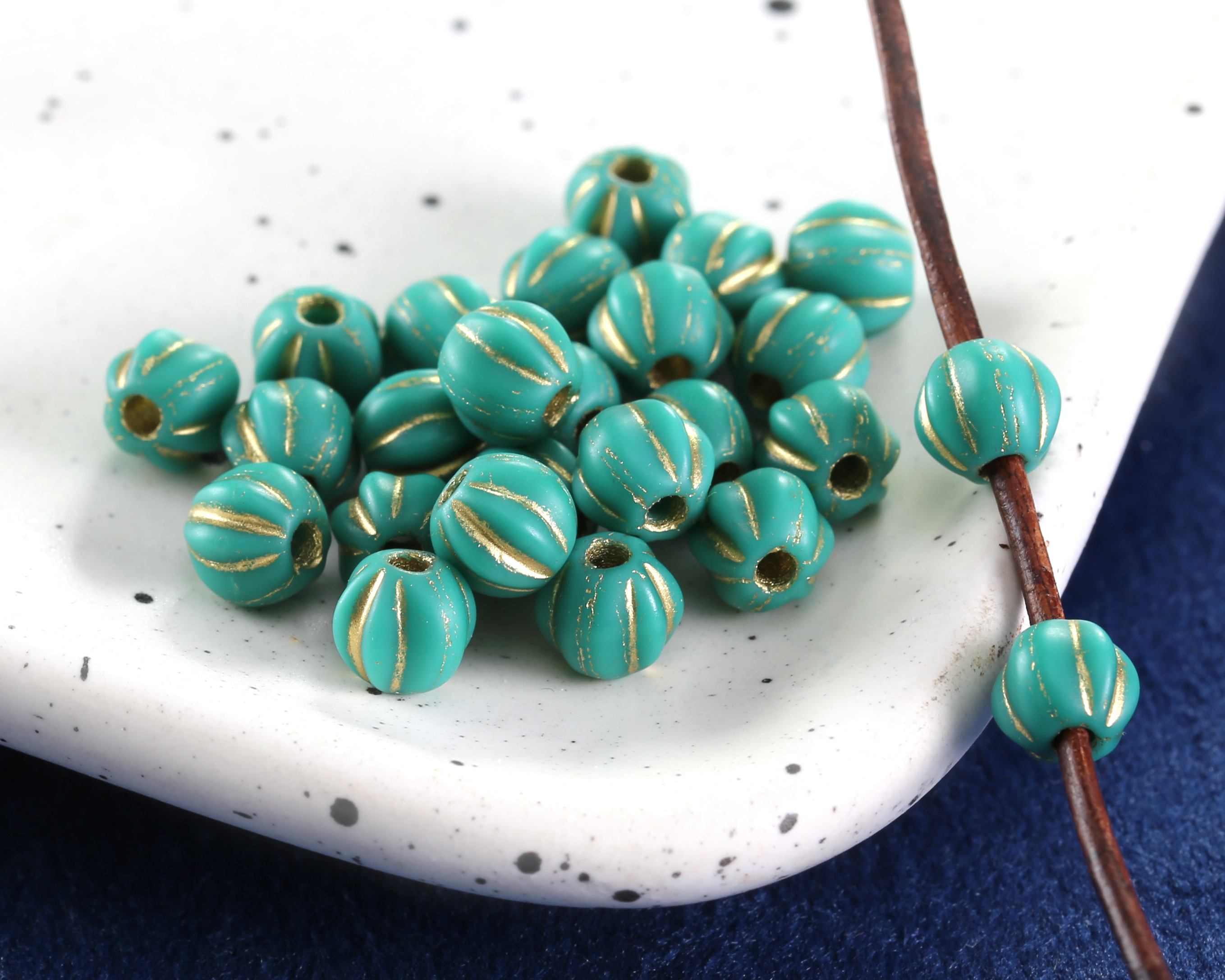 Czech Glass Matte Sea Green w/ Gold Large Hole Melon Round 6mm