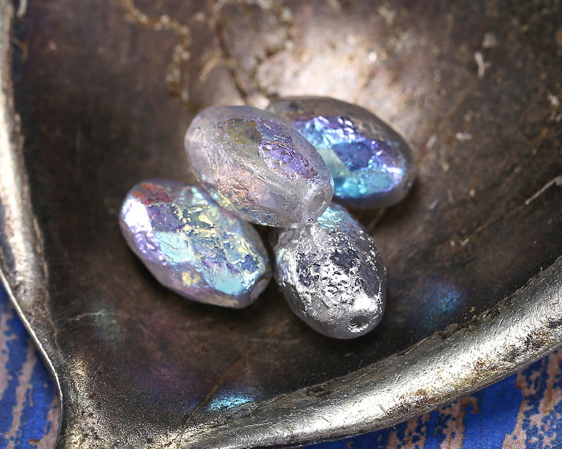 Czech Glass Crystal AB w/ Antique Silver Textured Faceted Rice 12x8mm