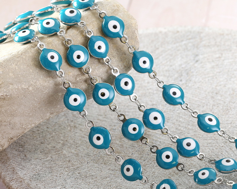 Turquoise Enamel Evil Eye Link Stainless Steel Chain 8mm