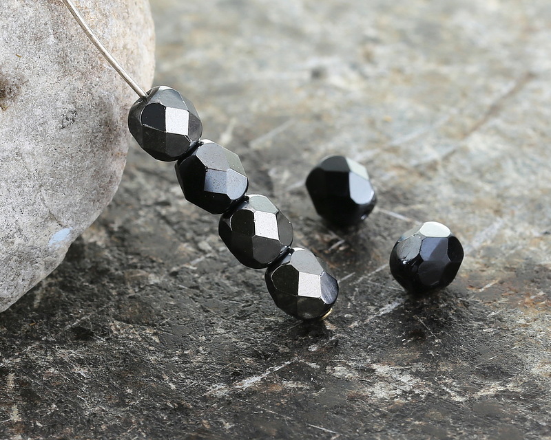 Czech Glass Jet w/ 1/2 Silver Fire Polished Round 6mm