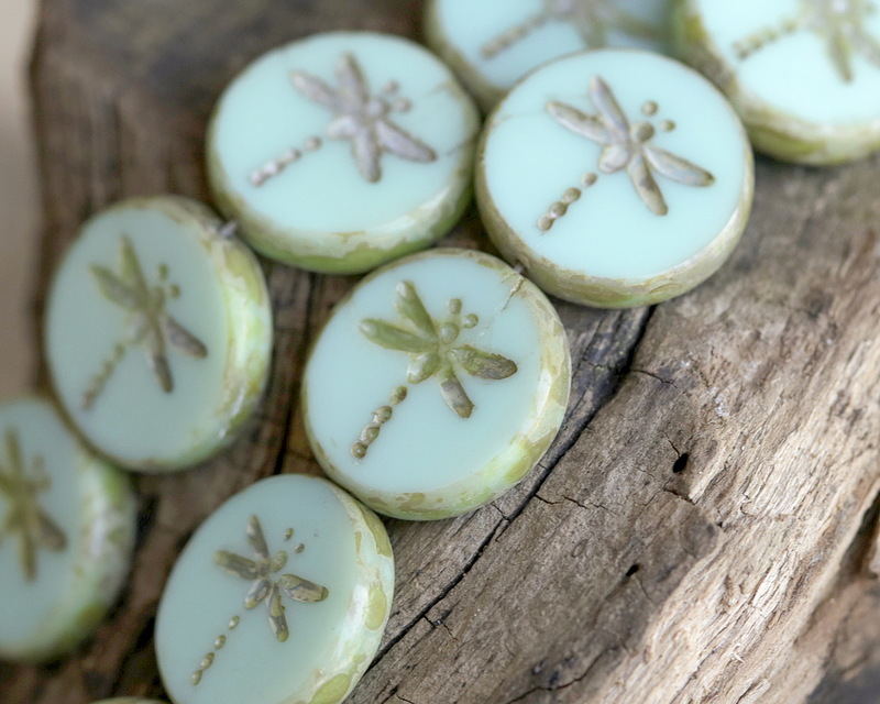 Czech Glass Sweet Mint Picasso Dragonfly Coin 17mm