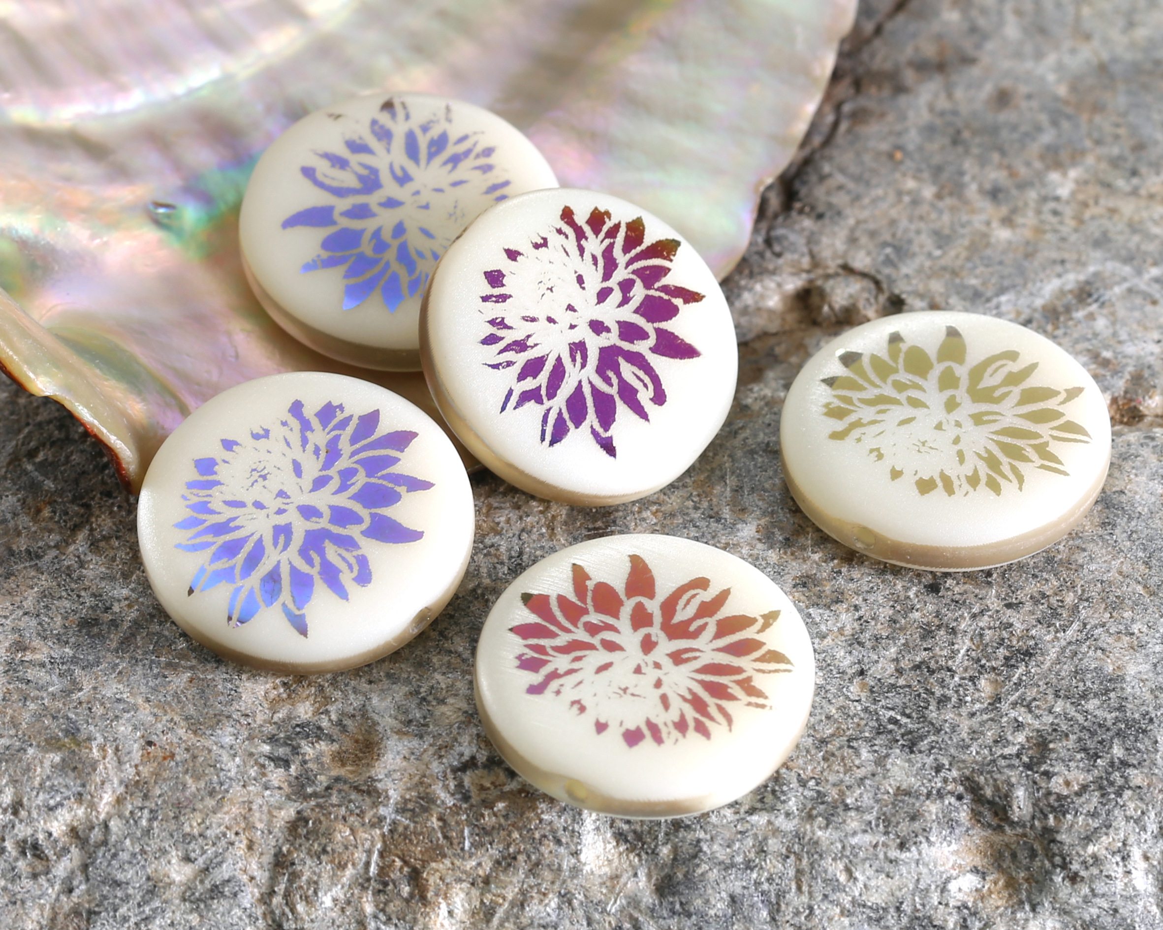 Czech Glass Laser Etched Dahlia on White w/ Rainbow Finish Coin 17mm