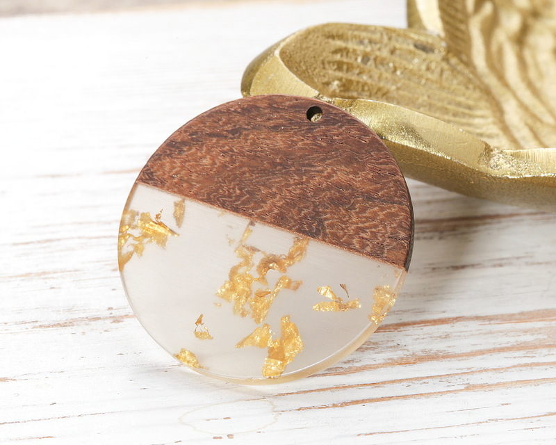 Walnut Wood & Clear w/ Gold Foil Resin Coin Focal 38mm