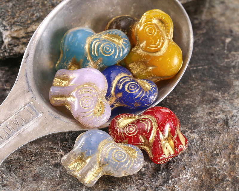 Czech Glass Multi-Color Opal Mix w/ Gold Elephant 20x21mm
