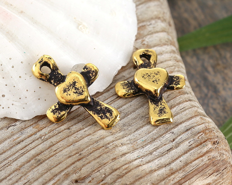 Mykonos Antique Gold (plated) Cross w/ Heart Pendant 15x21mm