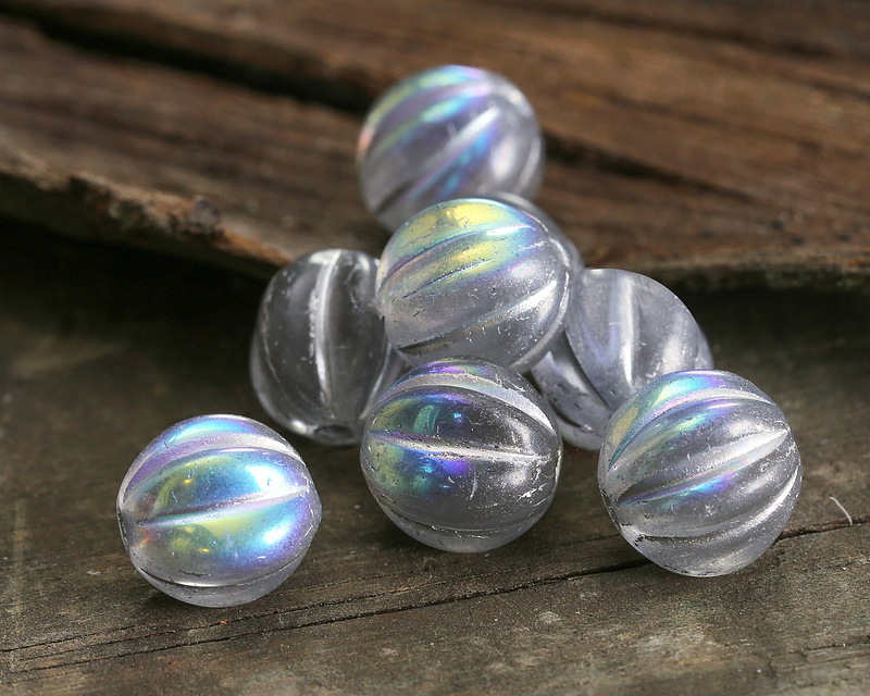 Czech Glass Crystal AB w/ Silver Wash Melon Round 10mm