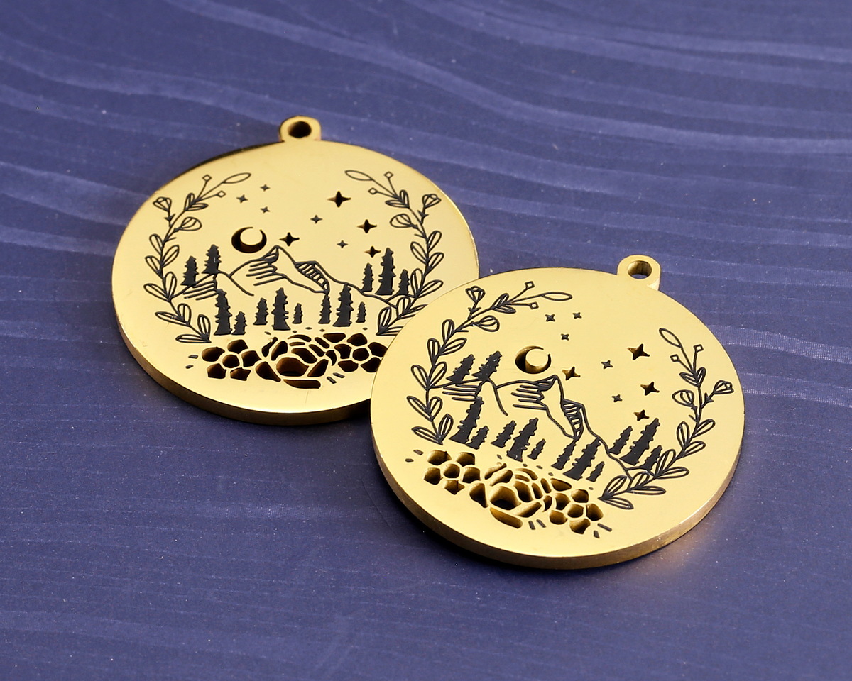 Gold (plated) Stainless Steel Nighttime Mountain Valley Coin Pendant ...