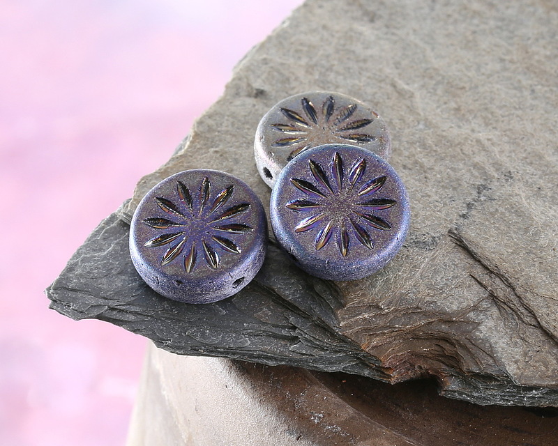 Czech Glass Matte Iris Purple Daisy Coin 12mm