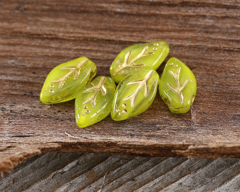 Czech Glass Chartreuse Quartz w/ Gold Wash Leaf Drop 6x10mm