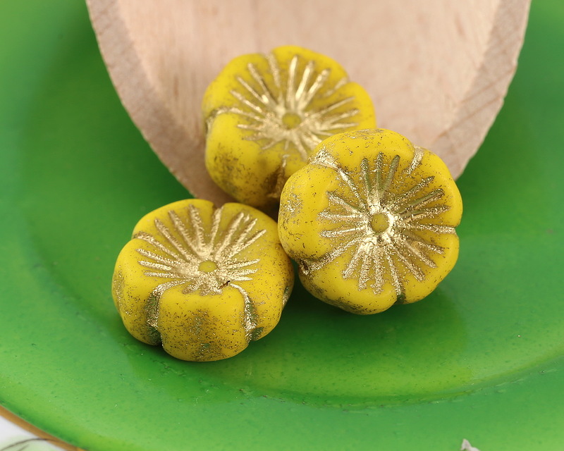 Czech Glass Etched Sunshine Yellow w/ Gold Hibiscus Coin 14mm