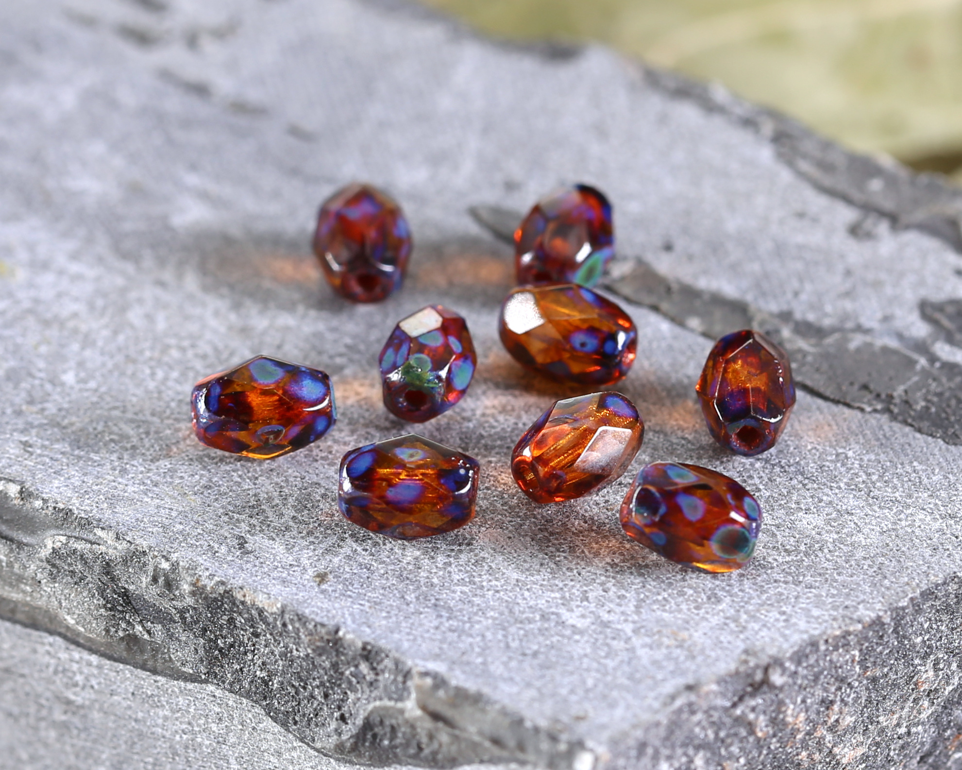 Czech Glass Dark Topaz Picasso Fire Polished Rice 7x5mm