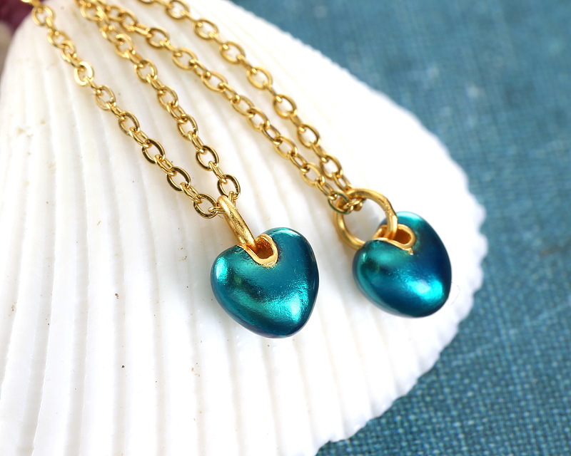 Pacific Blue Enamel & 24K Gold (plated) Puff Heart Charm 6.5x6mm