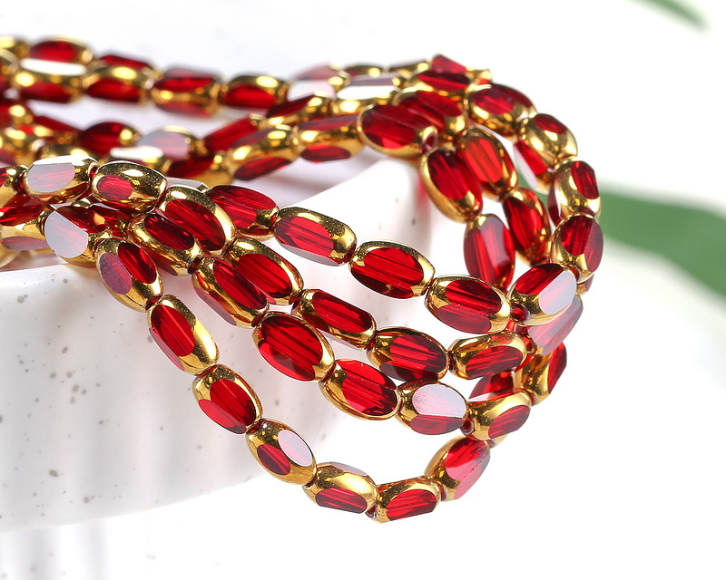 Ruby Crystal w/ Gold Faceted Rice 6x4mm