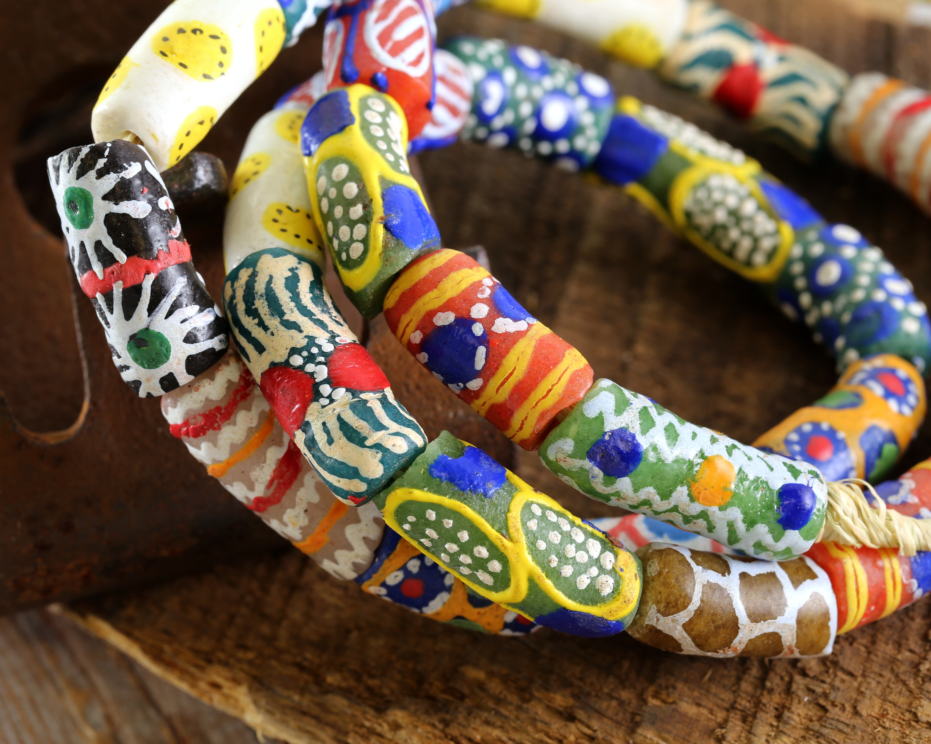 African Hand-Painted Bouquet Mix Powder Glass (Krobo) Beads 15-27x8-13mm