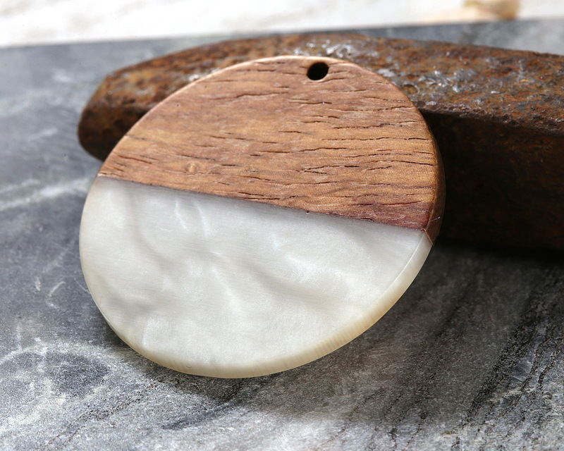 Walnut Wood & Alabaster Pearlescent Resin Coin Focal 38mm