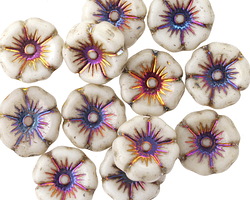 Czech Glass Opaque White w/ Metallic Volcano Wash Hibiscus Coin 12mm