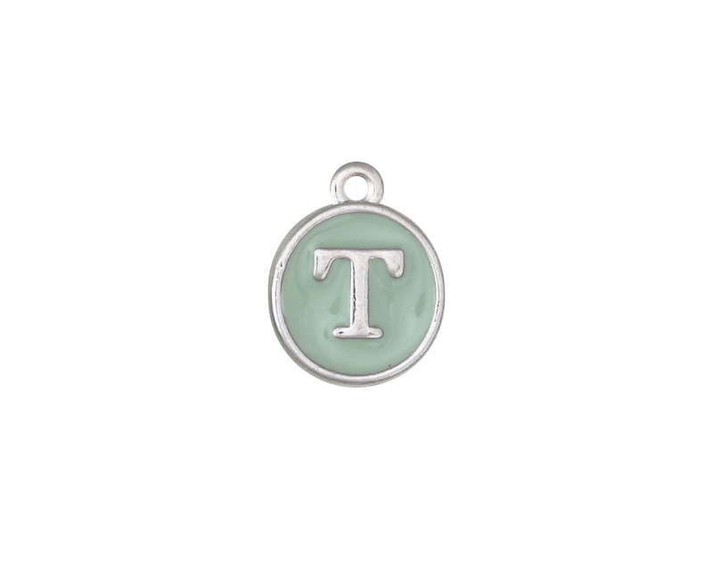 Sweet Mint Enamel Silver Finish Initial Coin Charm "T" 12x14mm